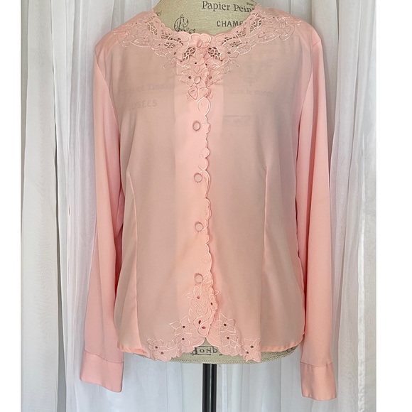 joanna | Tops | Vintage Pretty In Pink Button Up Blouse Lacy Scalloped ...